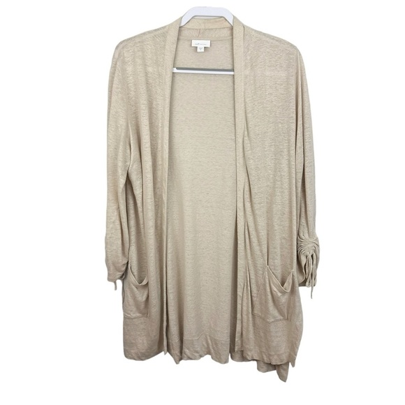 J. Jill | Sweaters | Jjill Beige Linen Open Cardigan Ruched Sleeve ...